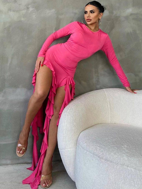 Alana Ruffle Thigh High Split Maxi Dress – Ladies Style