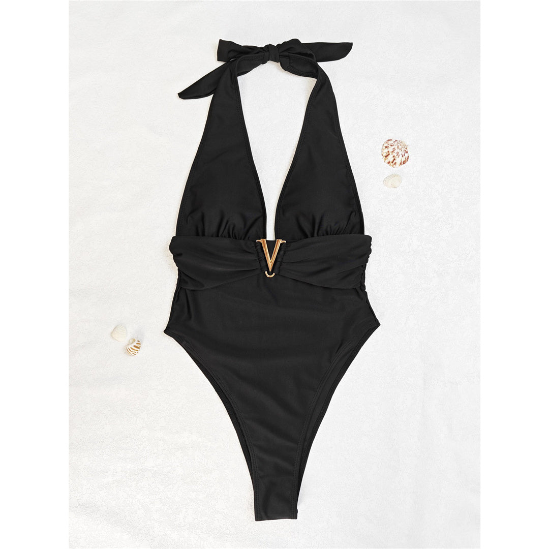 Denise Deep V Neck Halter Backless One Piece Swimsuit – Ladies Style