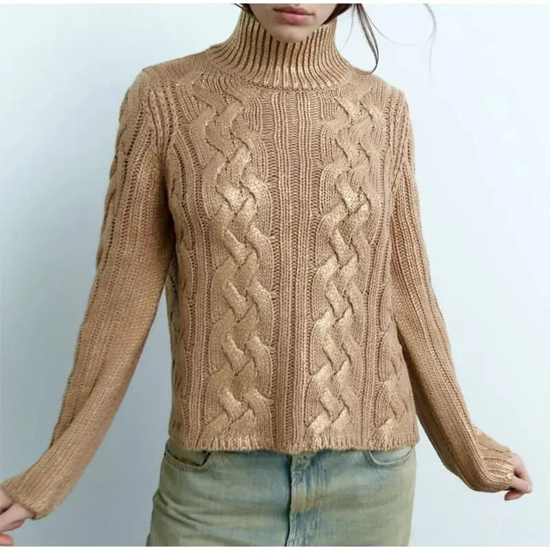 Regina Turtleneck Shiny Gold Ribbed Women Sweater